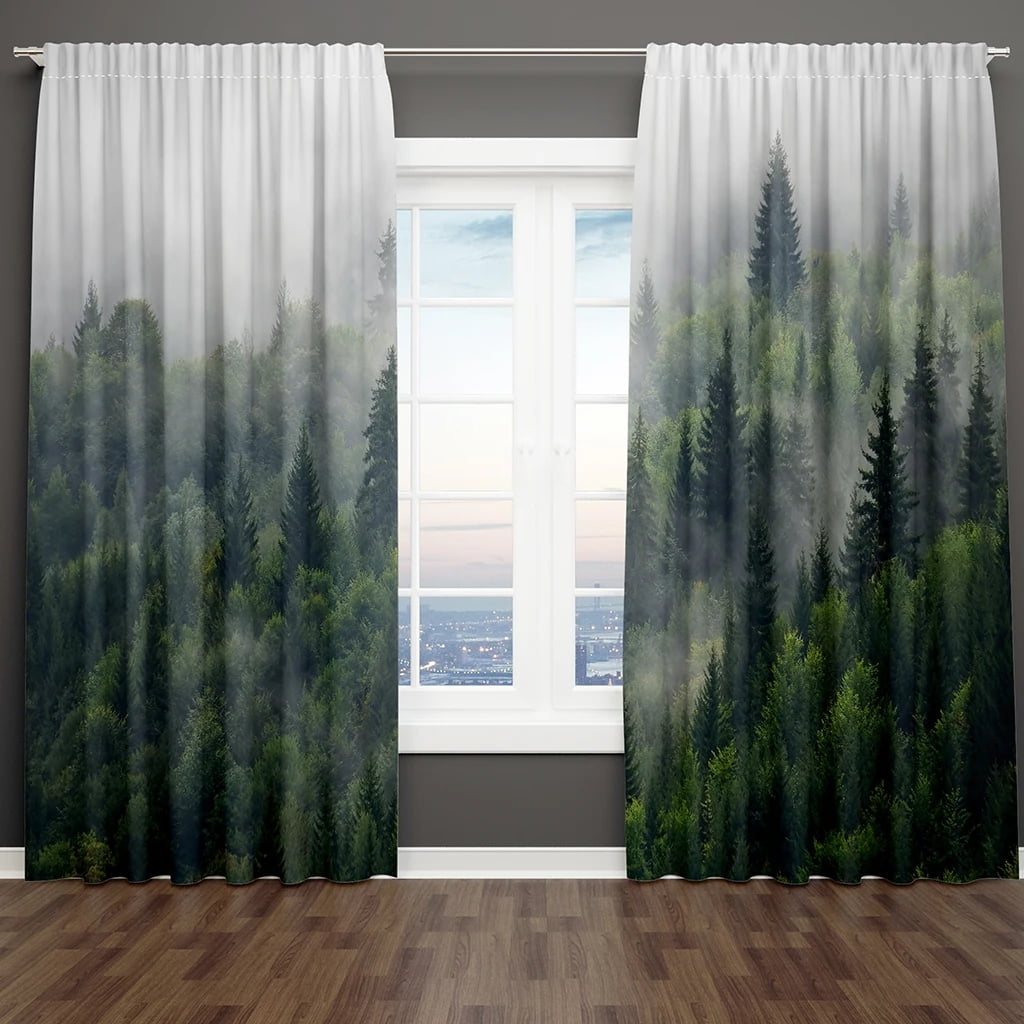 3D Landscape Thick Blackout Curtains Nature Landscape Misty Forest Green Hill Living Room ...