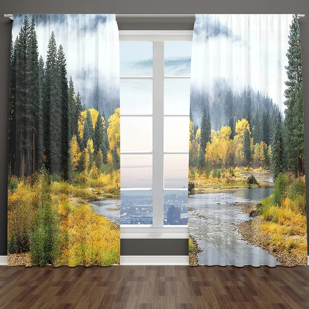 3D Landscape Thick Blackout Curtains Nature Landscape Misty Forest ...