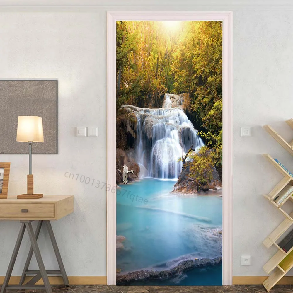 3D Lanscape View Door Sticker Mural Waterproof PVC Waterfall Forest ...