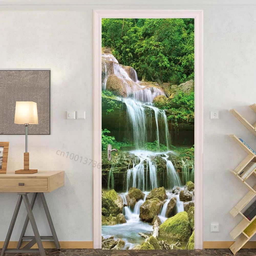 3D Lanscape View Door Sticker Mural Waterproof PVC Waterfall Forest ...