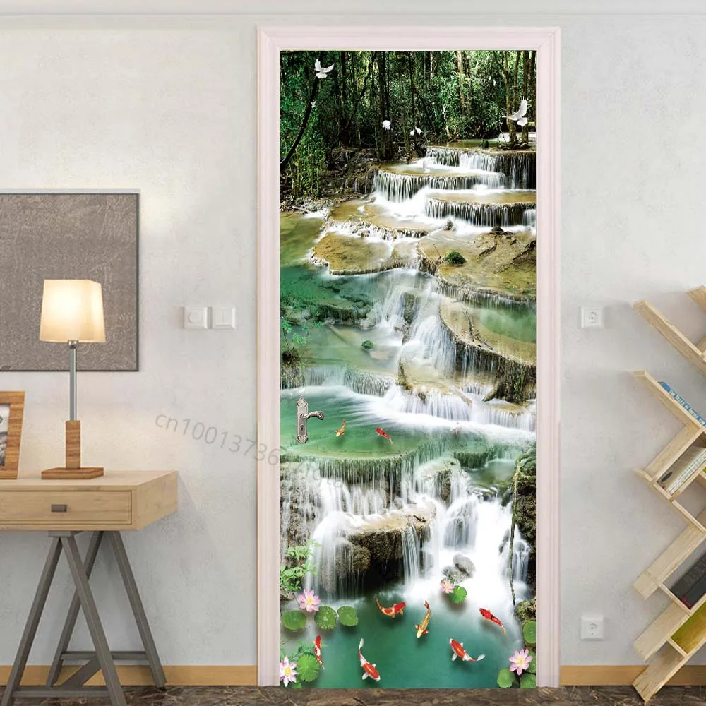 3D Lanscape View Door Sticker Mural Waterproof PVC Waterfall Forest ...