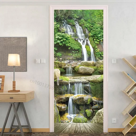 3D Lanscape View Door Sticker Mural Waterproof PVC Waterfall Forest ...