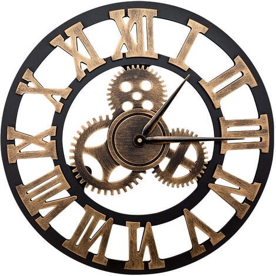 3D Large Classic Vintage Wooden Silent Wall Clock Retro Gear Hanging ...