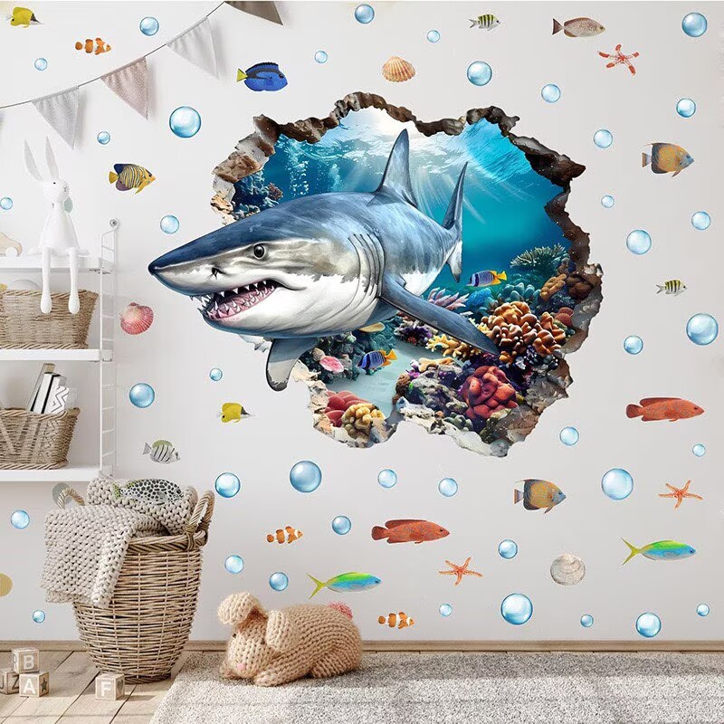 3D Large Shark Wall Decals,Watercolor Sea World Wall Stickers ...