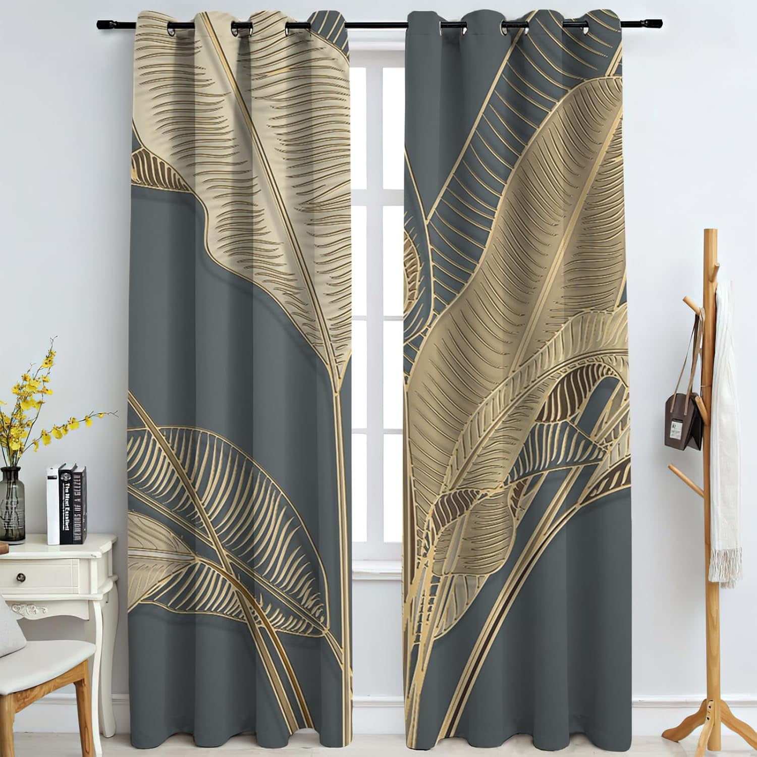 3D Leaves Tropical Exotic Luxury Window Curtain Panel, Gold Foil ...