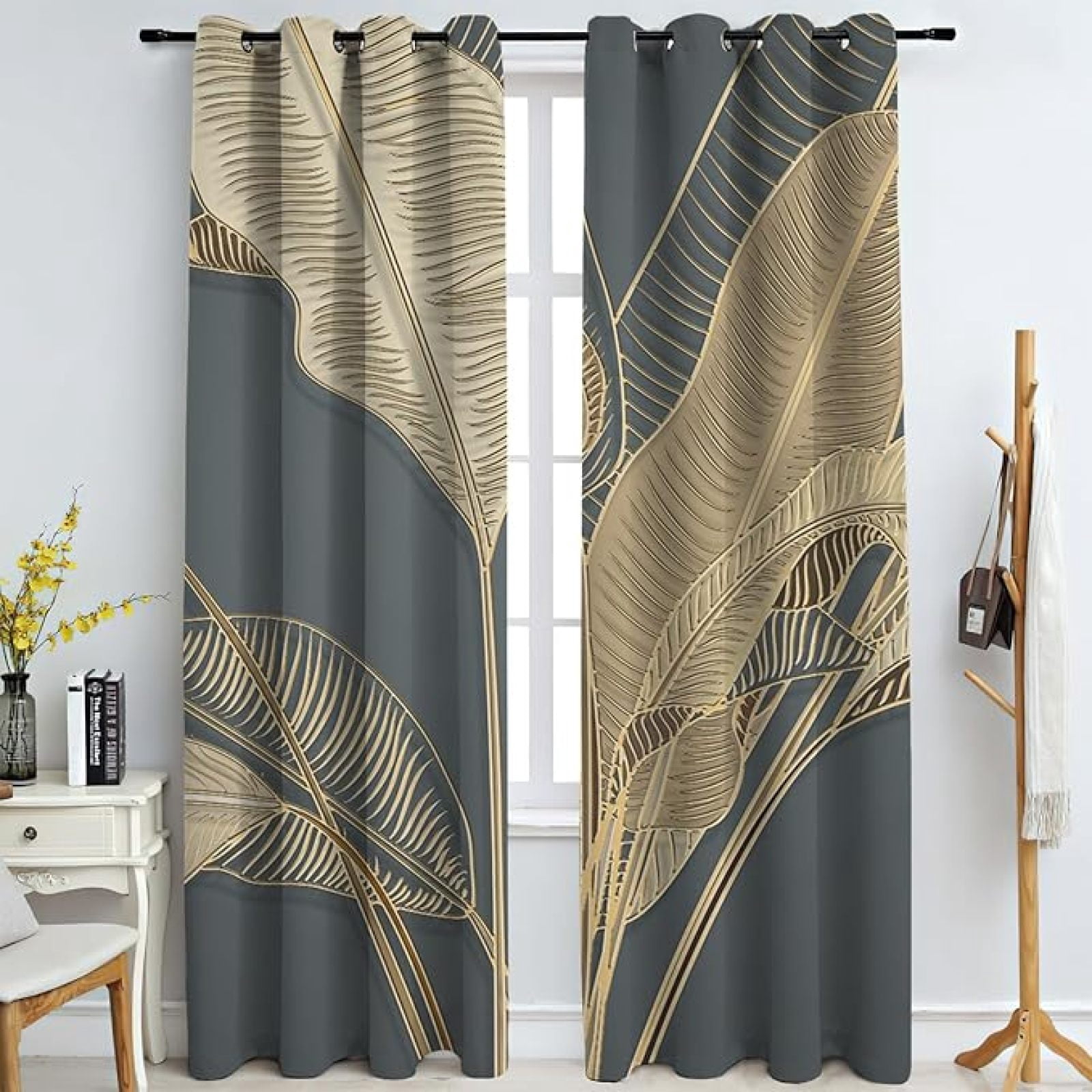3D Leaves Tropical Exotic Luxury Window Curtain Panel, Gold Foil ...