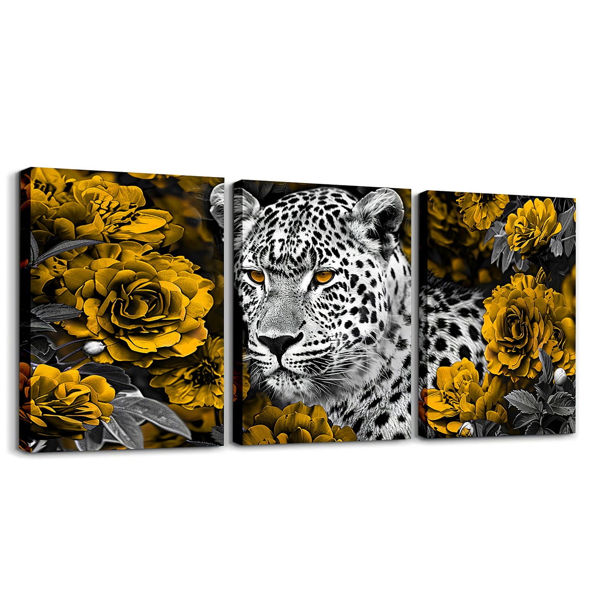 3D Leopard Canvas Wall Art for Living Room,Orange Rose Flowers Framed ...