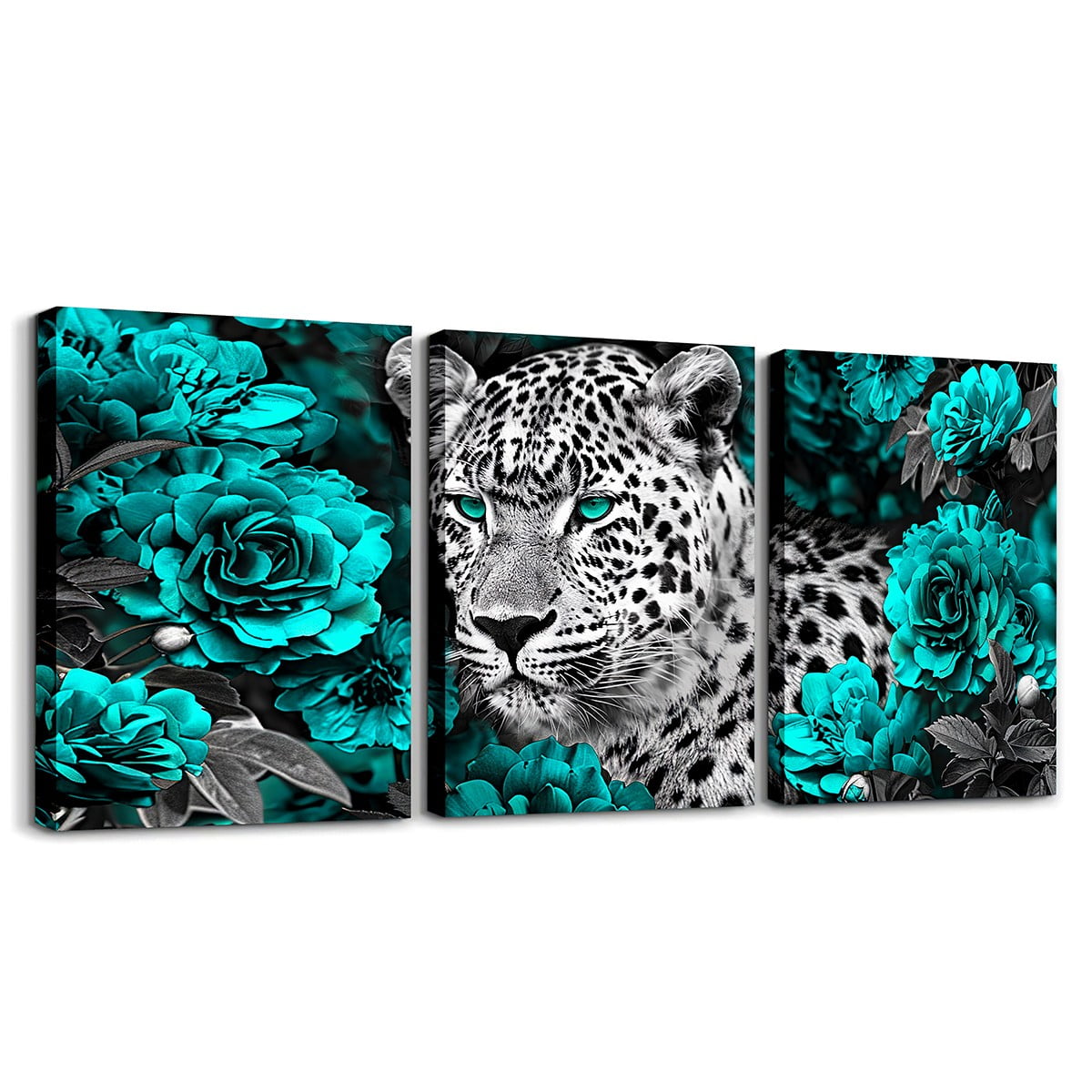 3D Leopard Canvas Wall Art for Living Room,Teal Rose Flowers Framed ...