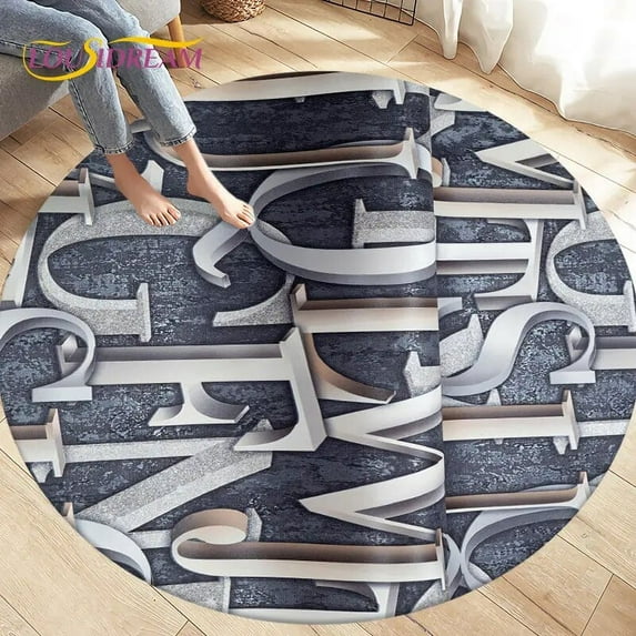 3D Letter Number Retro Round Area Rug Circle Carpet Rug for Living Room ...