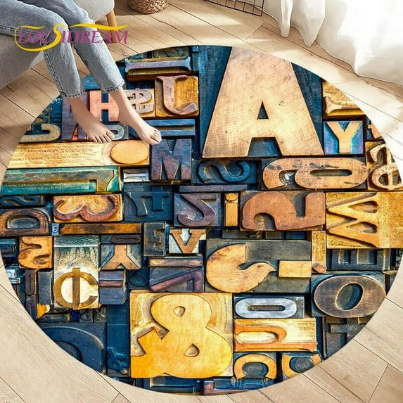 3D Letter Number Retro Round Area Rug Circle Carpet Rug for Living Room ...