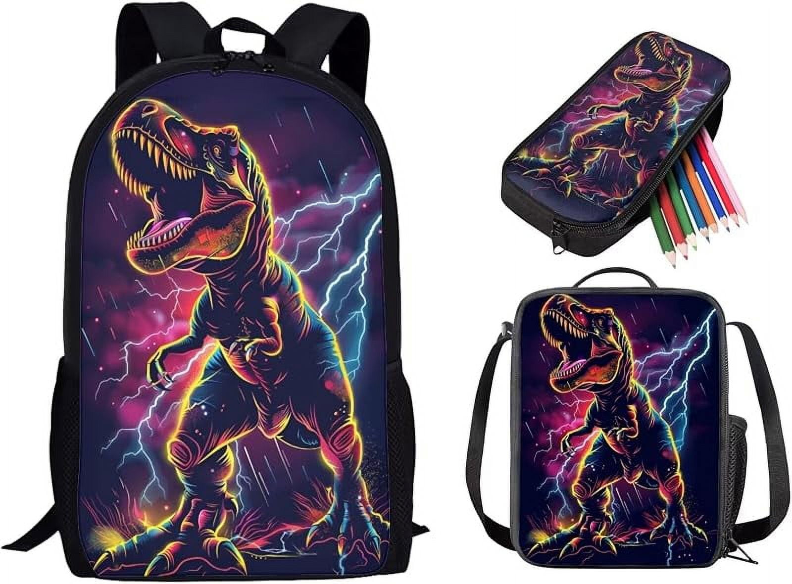 3D Lightning T-rex Printed Backpack for Girls Boys with Lunch Box ...
