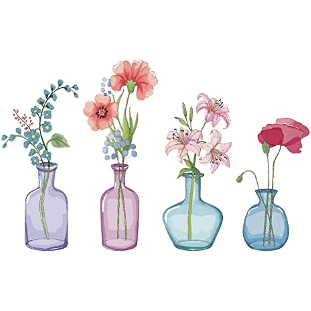 3D Lily Stickers Colorful Flowers Wall Decal 4 Style Watercolor Vase ...