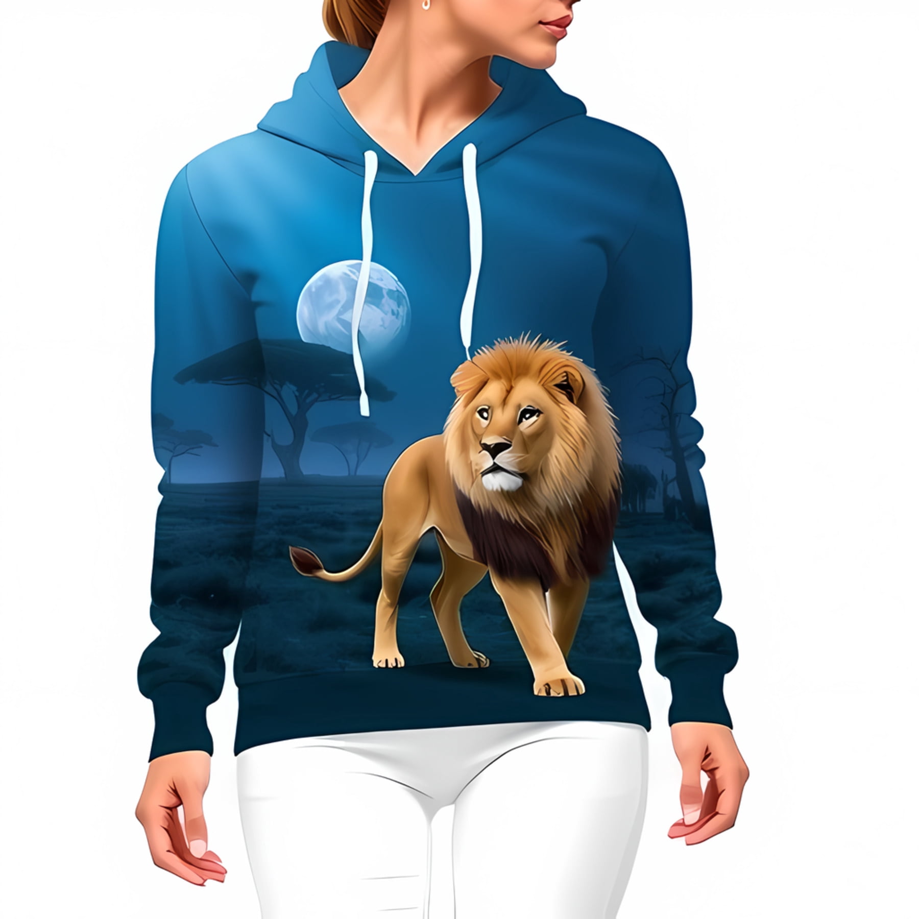 3D Lion Graphic Hoodie - Dark Teal Blue with Nighttime Savanna Scene ...