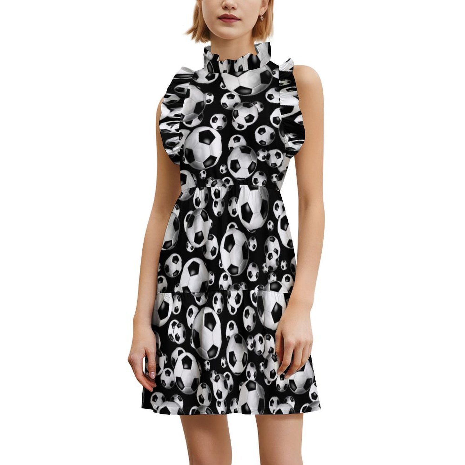 3D Look Soccer Balls Pattern Women's Fashion Casual Dress Summer Stand ...