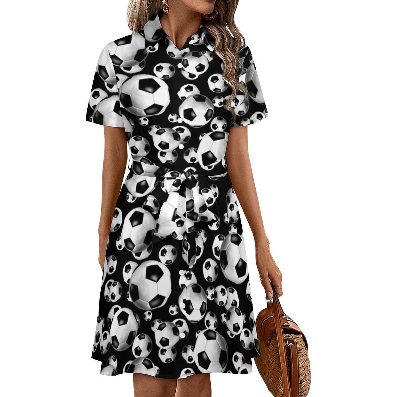 3D Look Soccer Balls Pattern Womens Shirt Dresses Women'S Short Sleeve ...