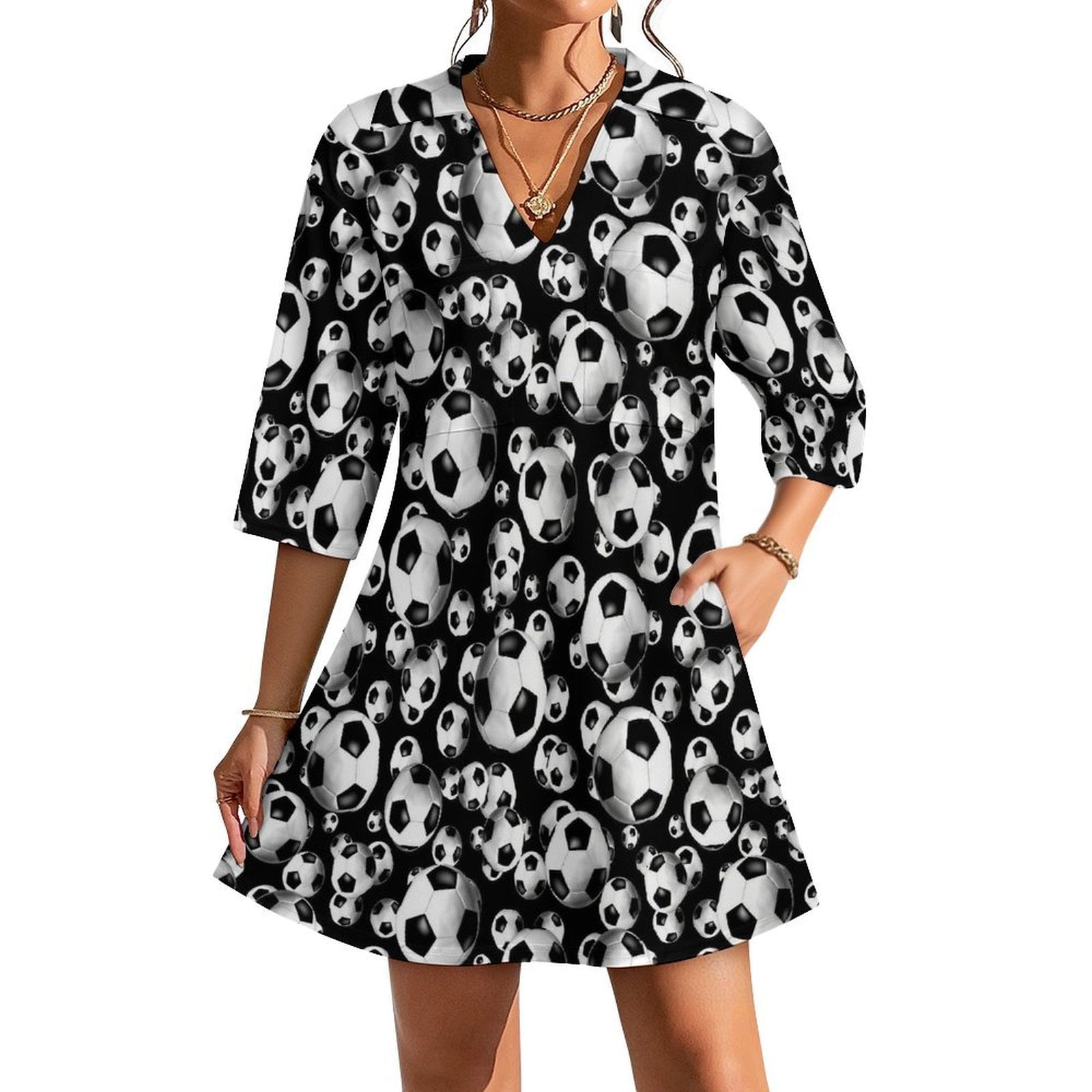 3D Look Soccer Balls Womens Dress With Pockets Summer V Neck 3/4 Sleeve ...