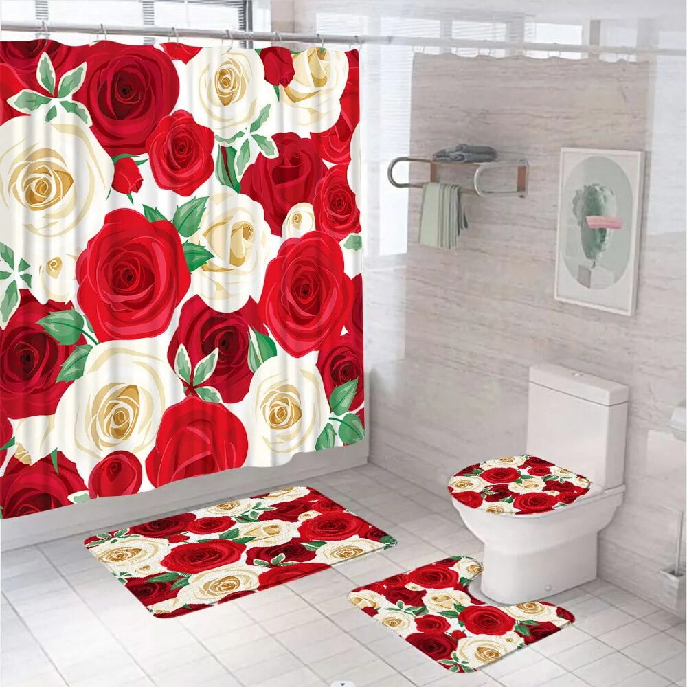 3d Lotus Leaves Floral Shower Curtain Set Elegant Pink Flowers Summer