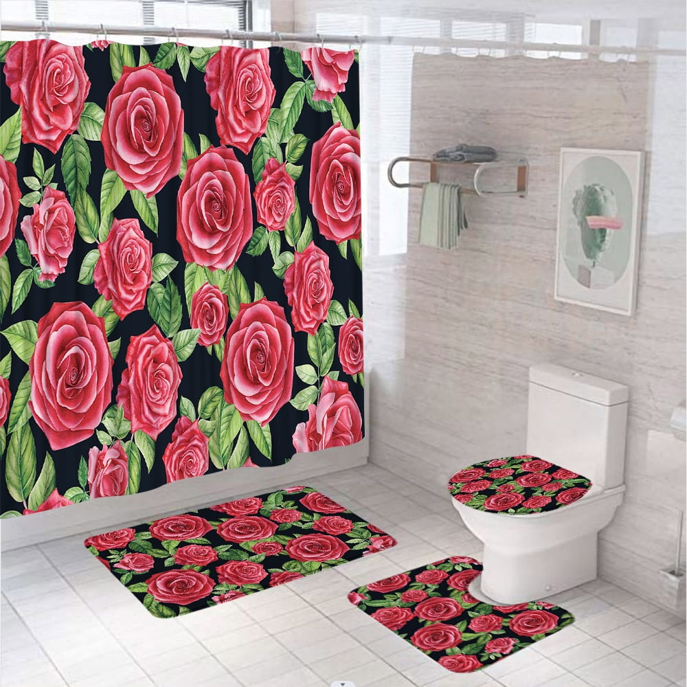 3D Lotus Leaves Floral Shower Curtain Set Elegant Pink Flowers Summer ...