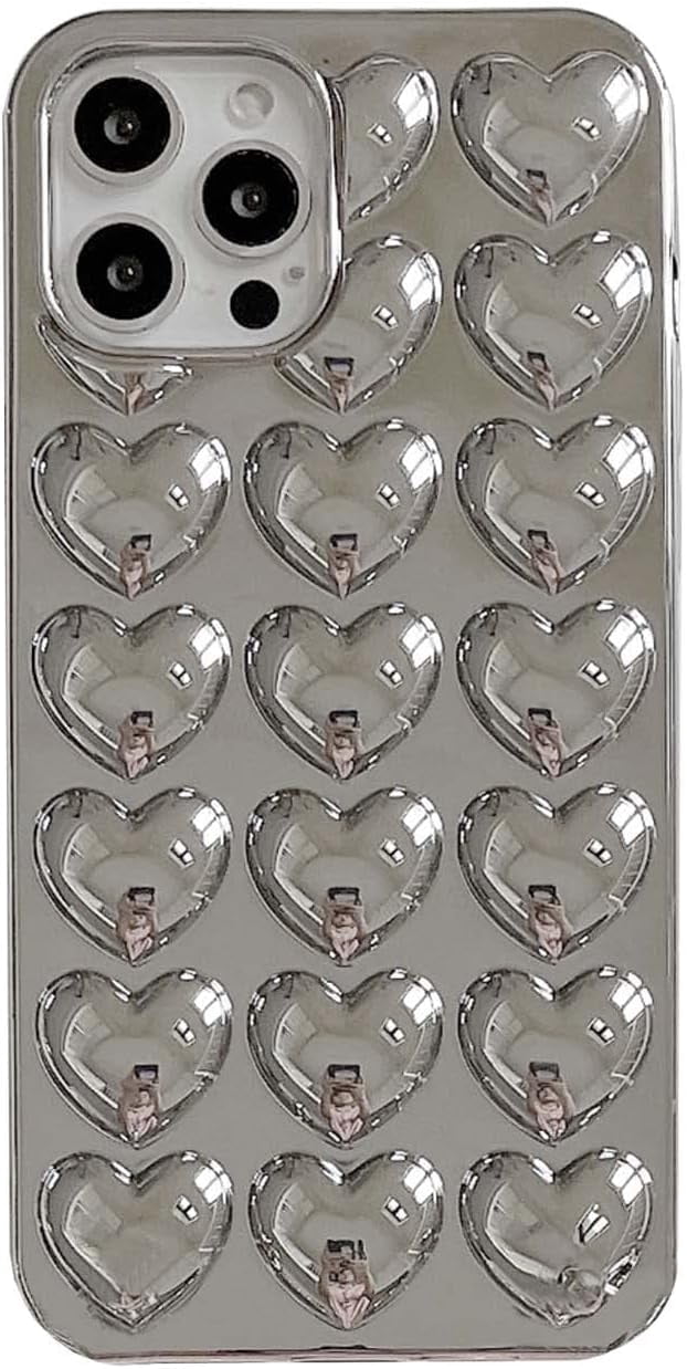 3D Love Heart Plating Silver Phone Case Compatible with iPhone 13 Pro ...