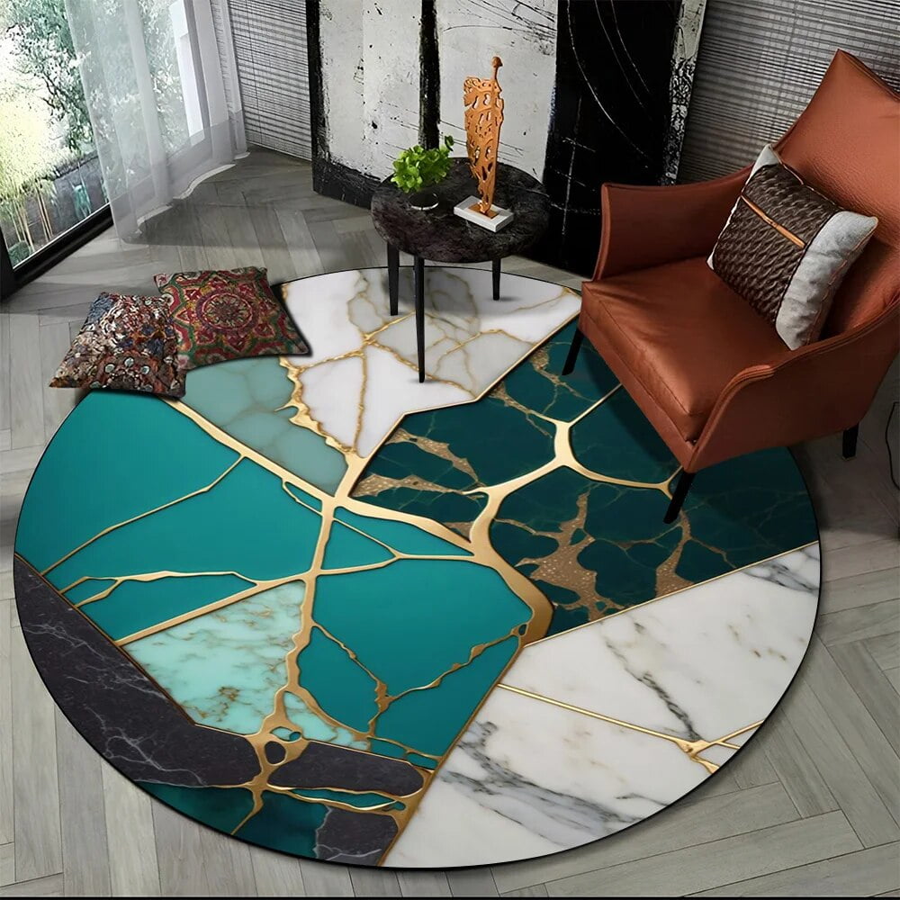 3D Luxurious Colour Marble Blue Green Gold Round Carpet Rug for Living ...