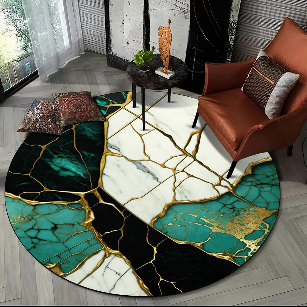 3D Luxurious Colour Marble Blue Green Gold Round Carpet Rug for Living ...