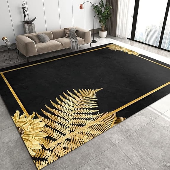 3D Luxury Gold Leaf Area Rugs, Tropical Palm Leaf Plant Square Lines ...