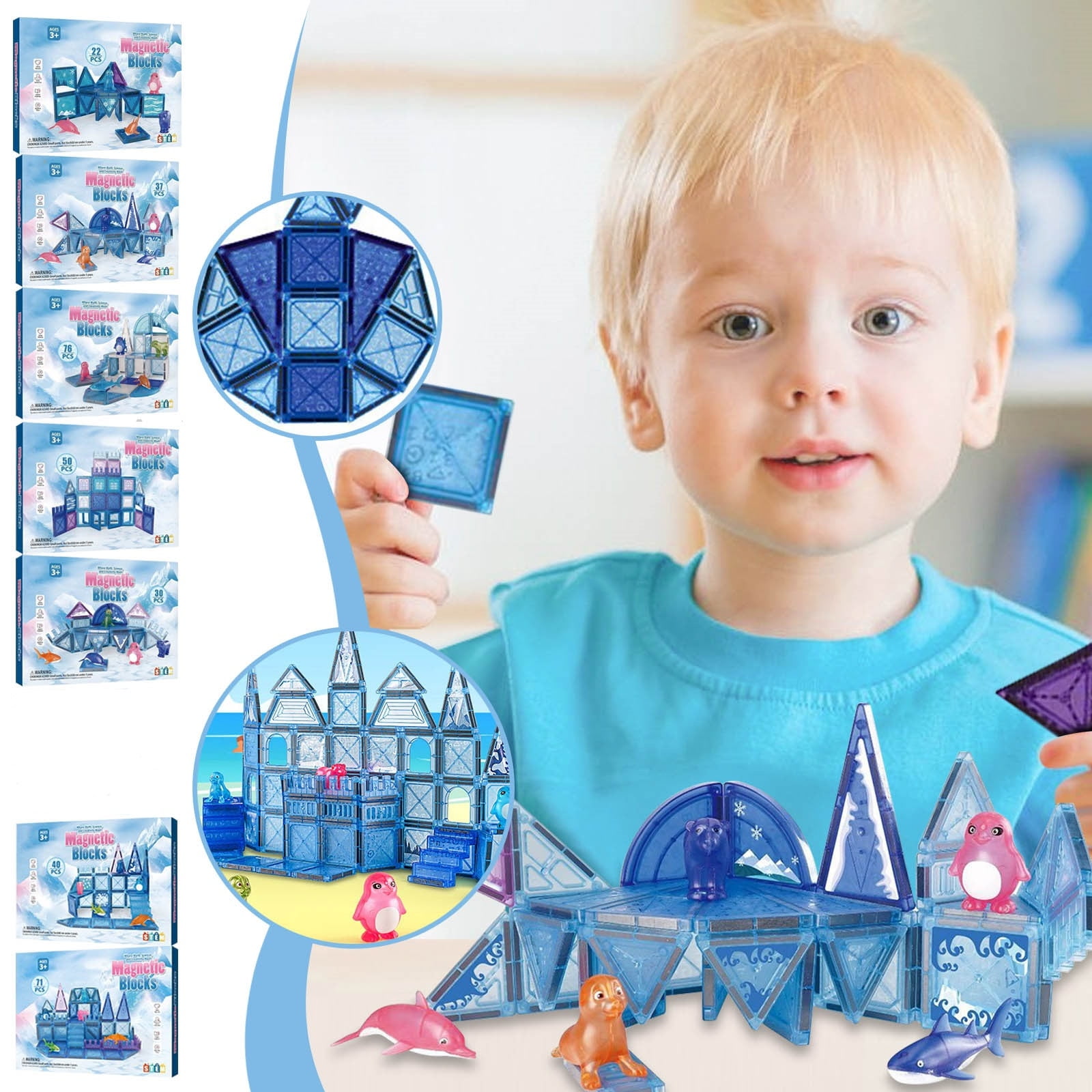 3D Magnetic Building Blocks Toy Set 40/50/76 PCS Ocean Transparent Geometric Shapes in 5 ...