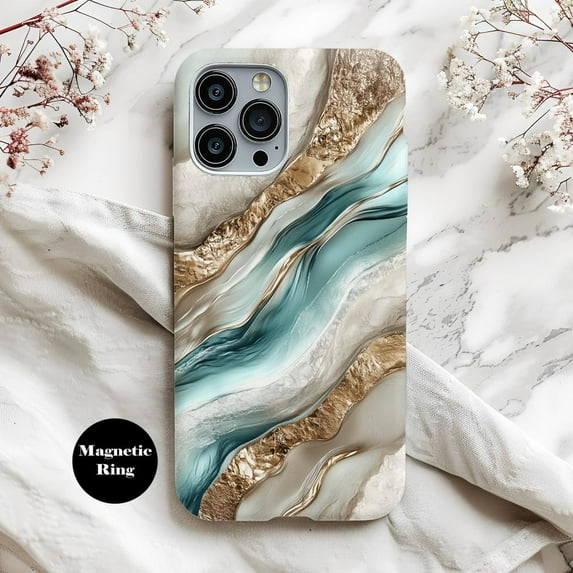 3D Marble Agate Gold Teal Stone Phone Case for iPhone 17 16 15 14 13 12 ...