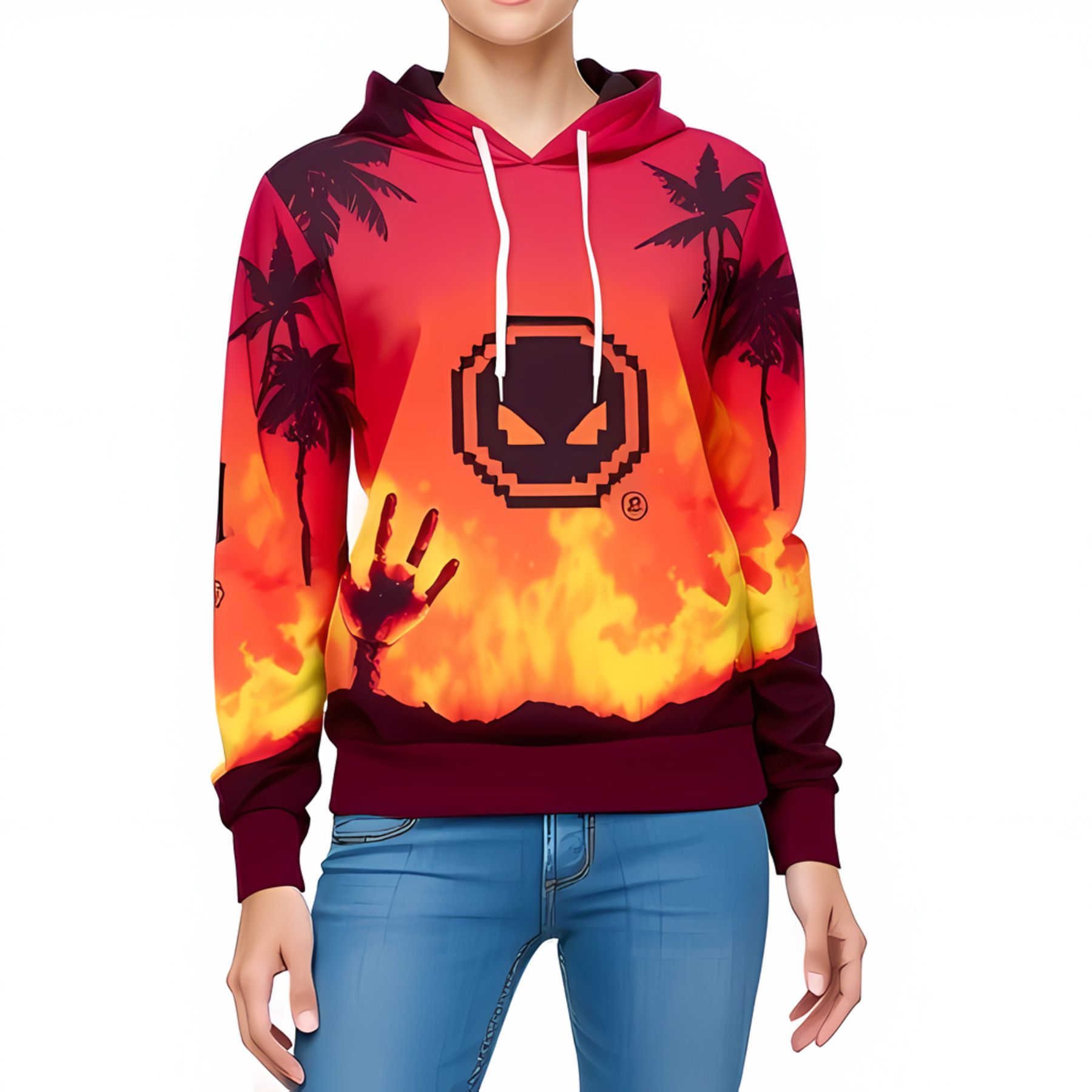 3D Maroon Hoodie with Sunset Tree Design & Pixelated Face Unique Gaming ...