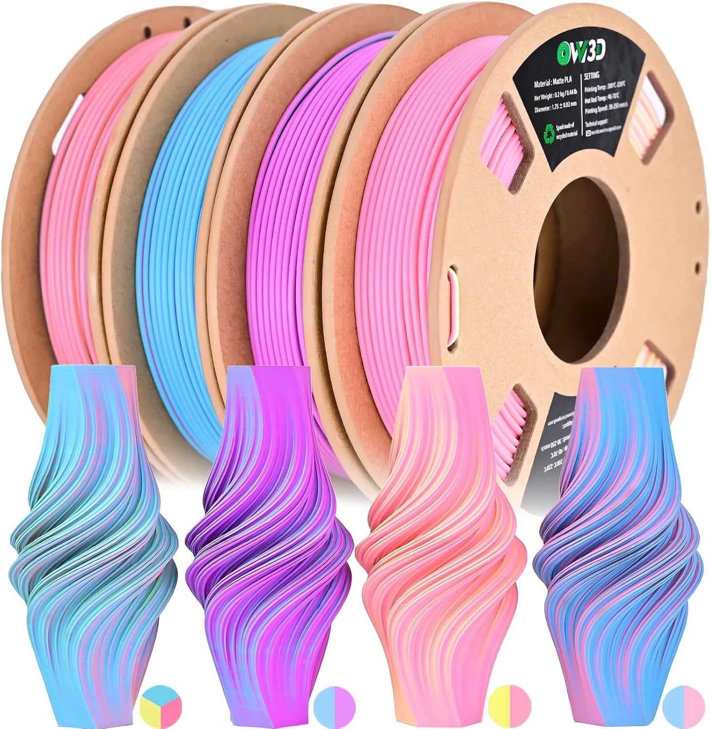 3D Matte PLA 3D Printer Filament Bundle, Tri & Dual Color Filament 1 ...