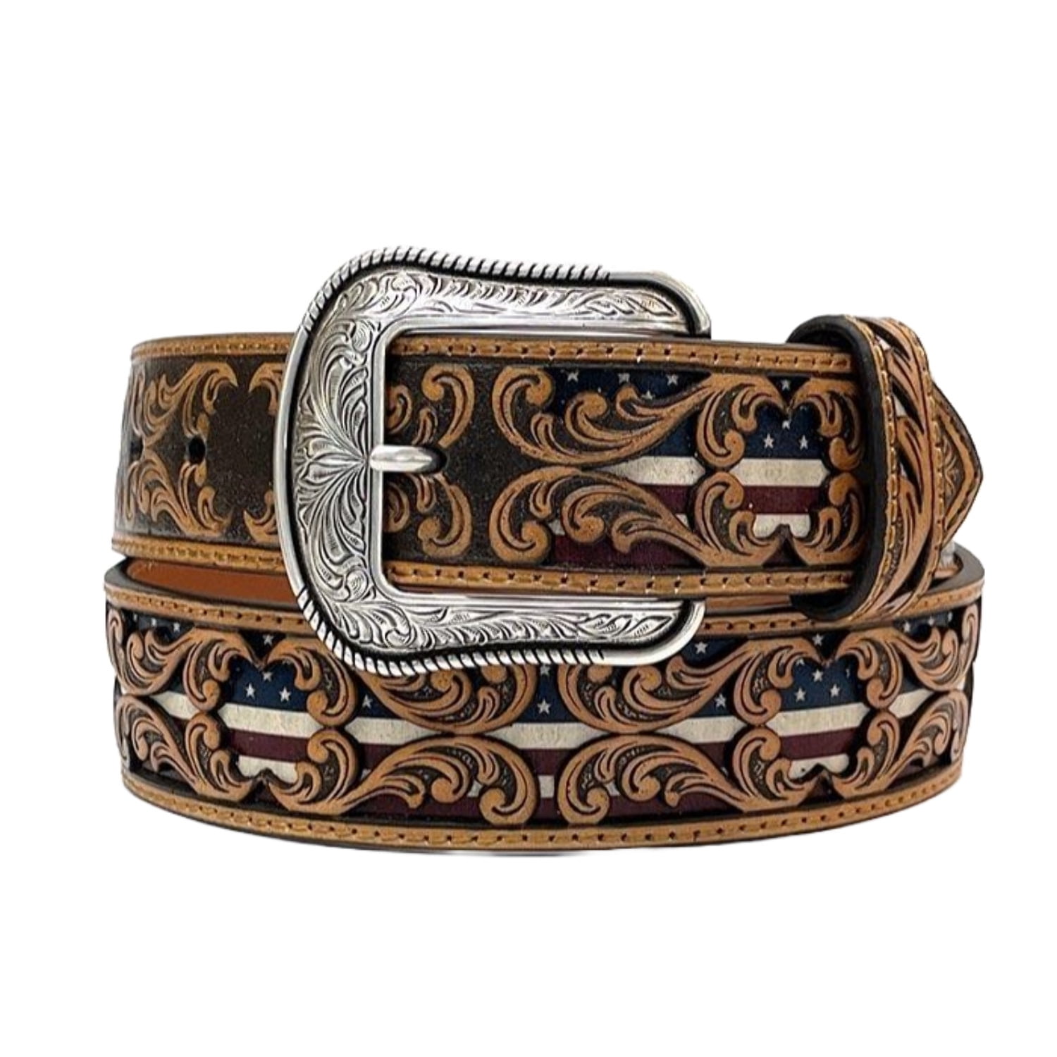 3D Men's Floral Tooled American Flag Inlay Leather Belt D100012408 ...