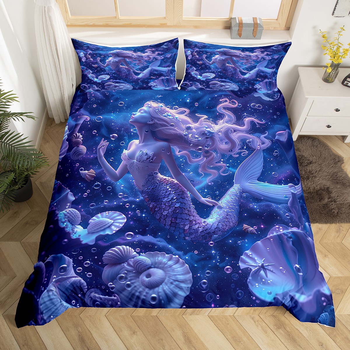 3D Mermaid Duvet Cover Queen Size,Ocean Marine Life Bedspread Cover ...
