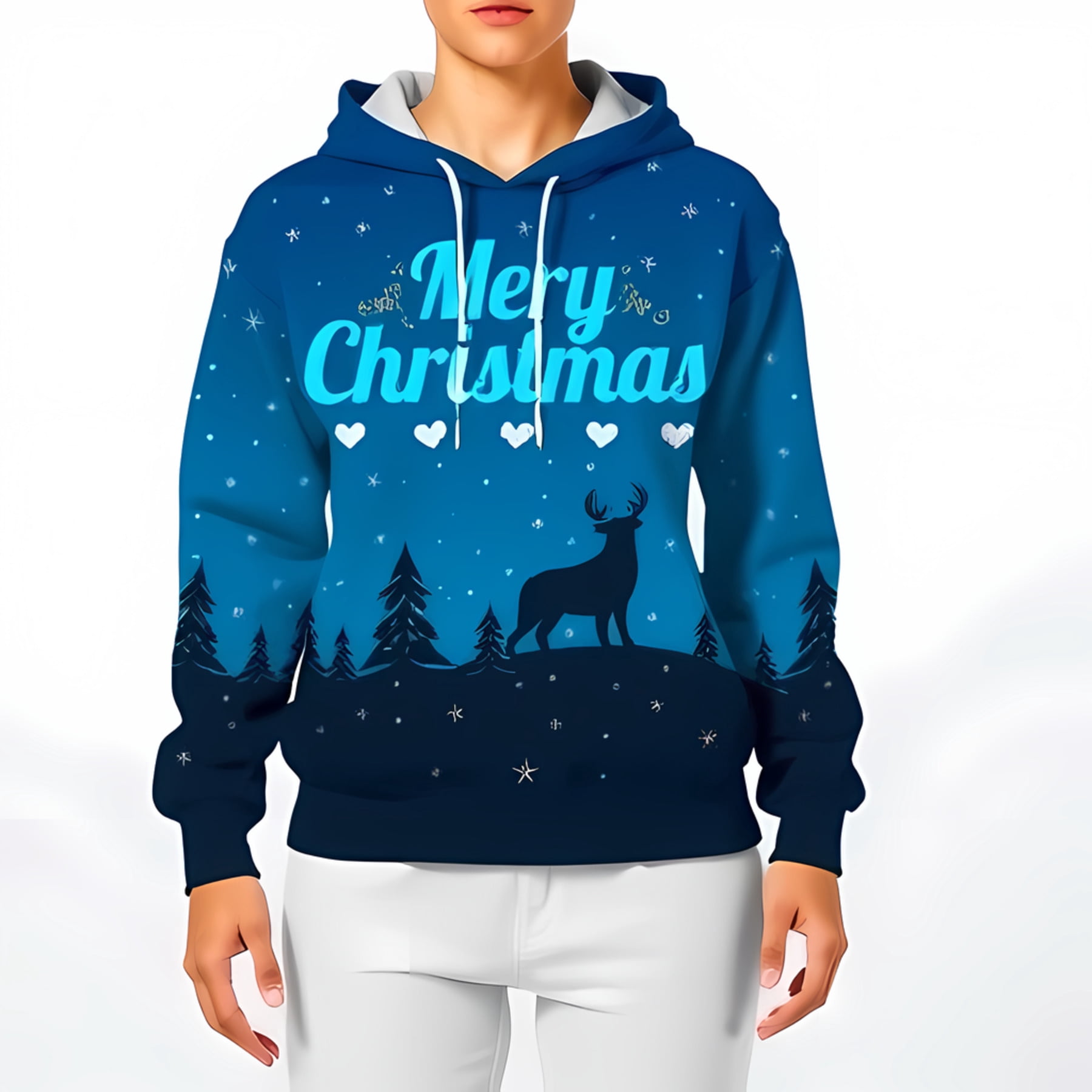 3D Merry Christmas Hoodie Blue Winter Scene Sweatshirt with Deer ...