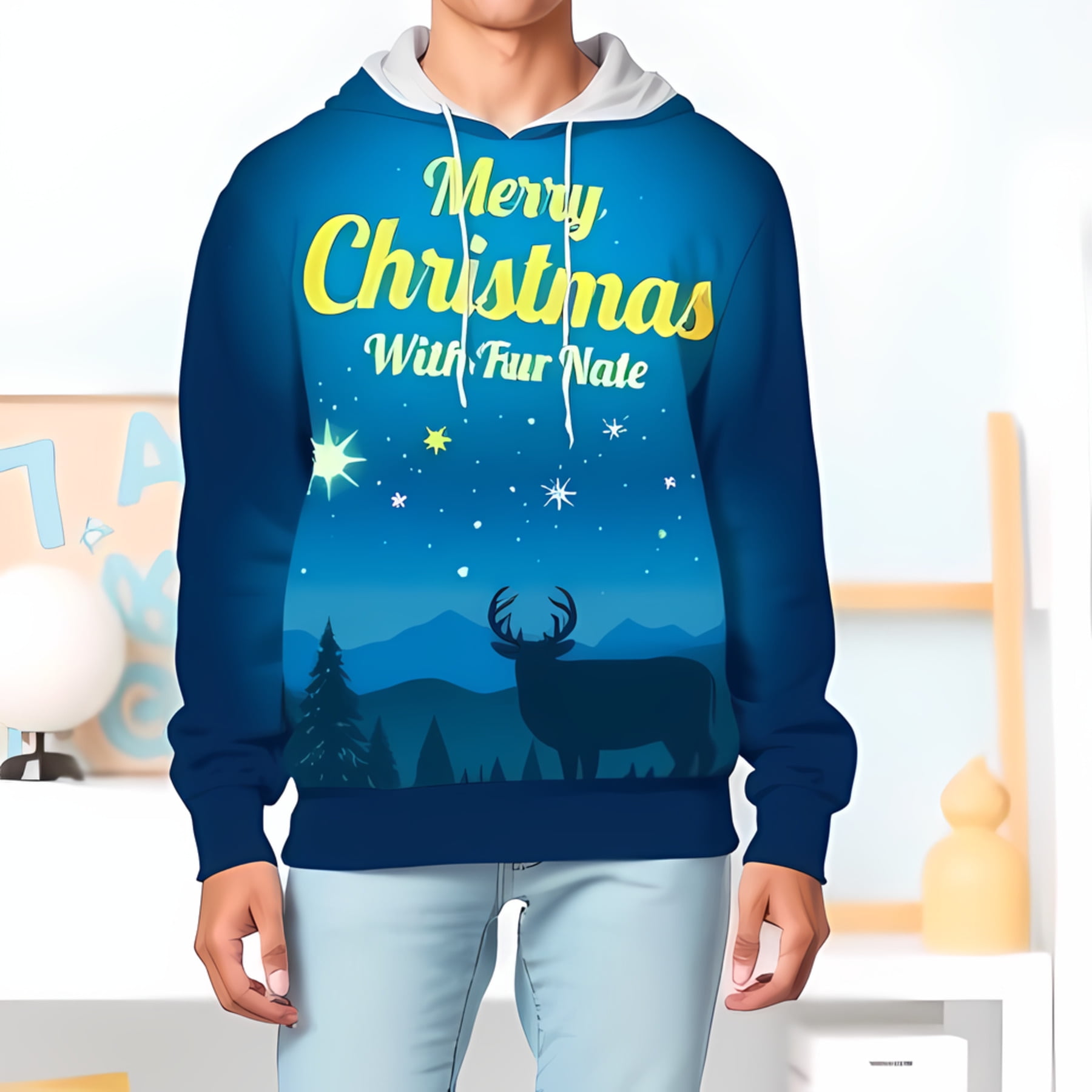3D Merry Christmas Hoodie with Nate - Night Scene Deer & Snowflakes ...