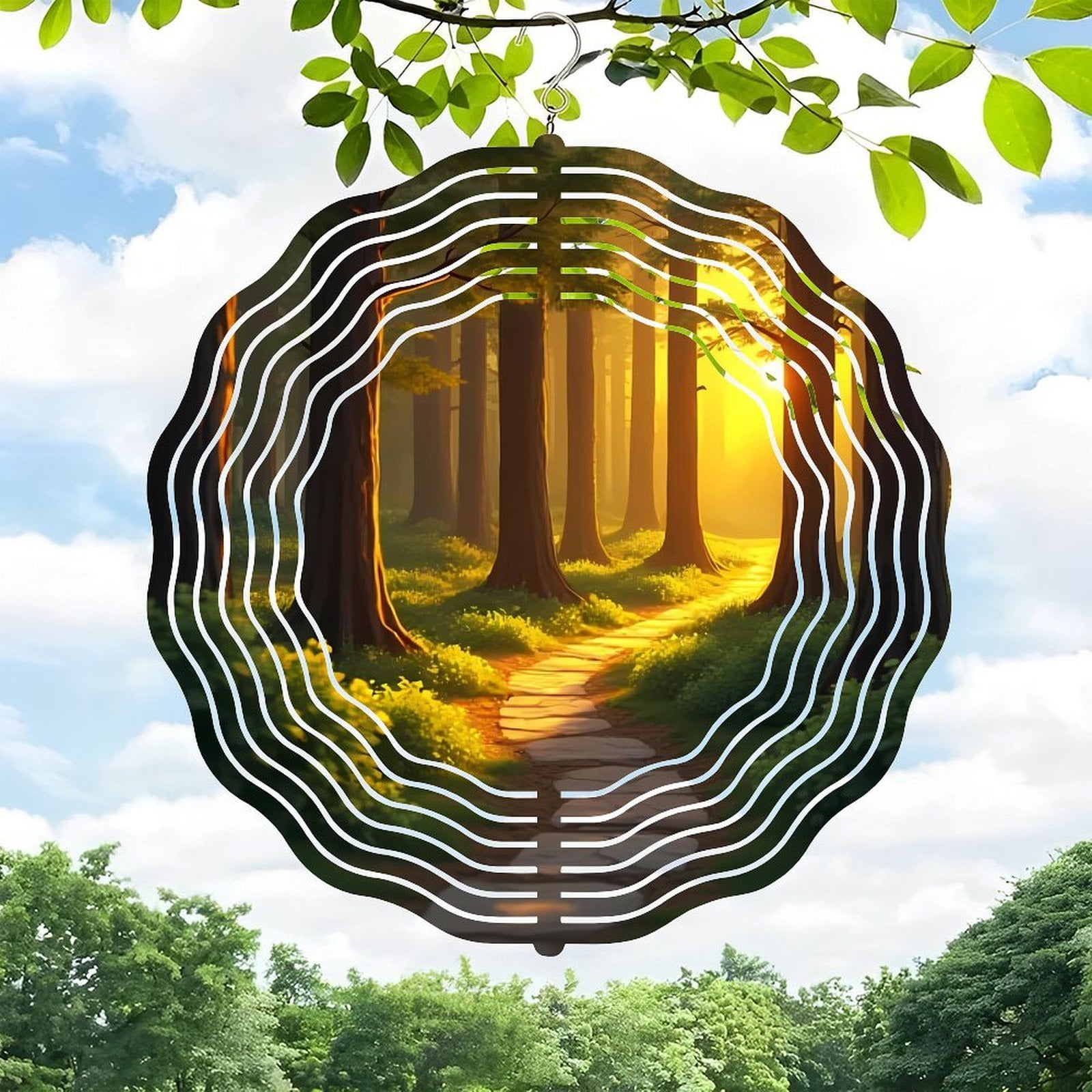 3D Metal Hanging Wind Chimes - Circular Forest Scene Design with Golden ...