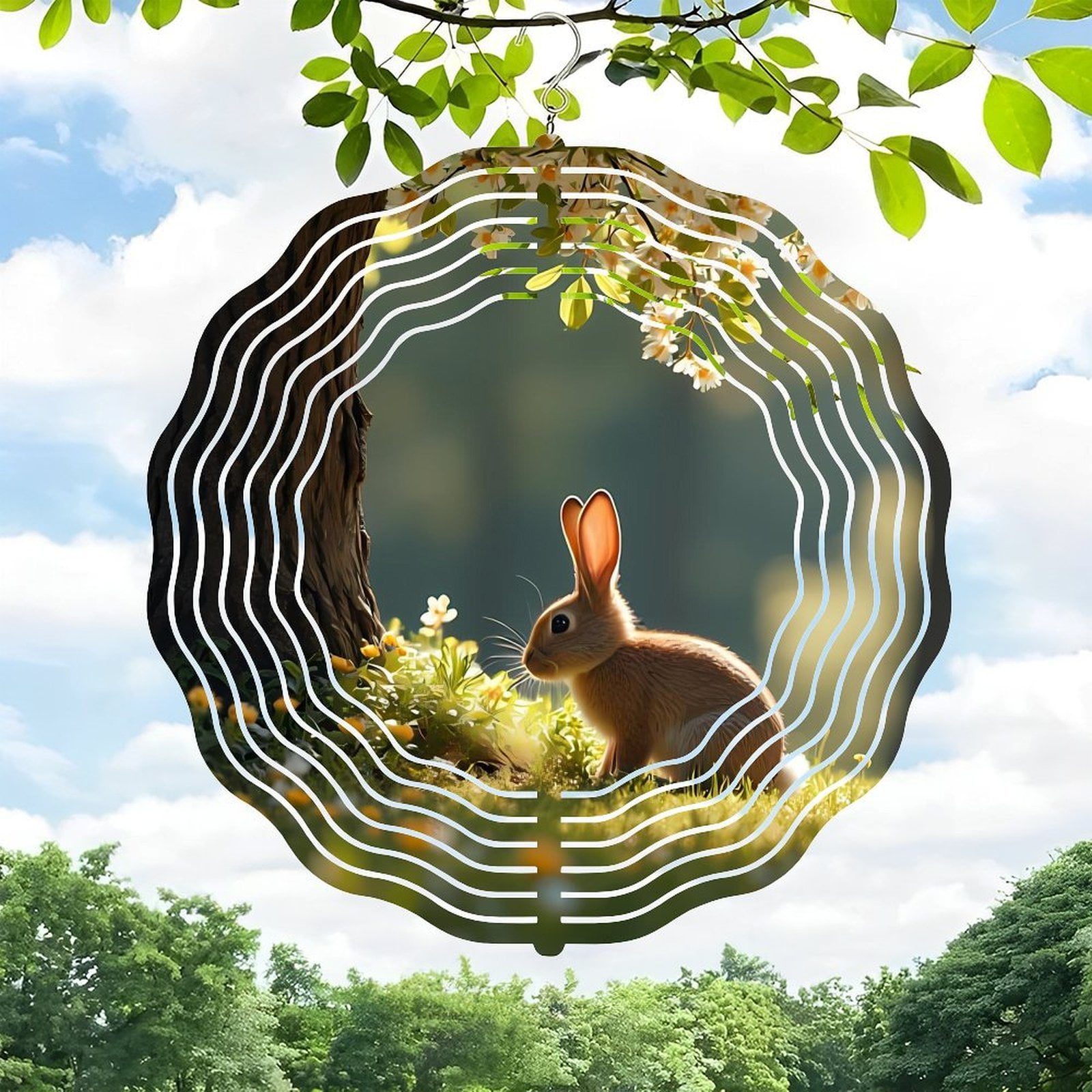 3D Metal Hanging Wind Chimes - Elegant Tree Trunk & Rabbit Design Wind ...