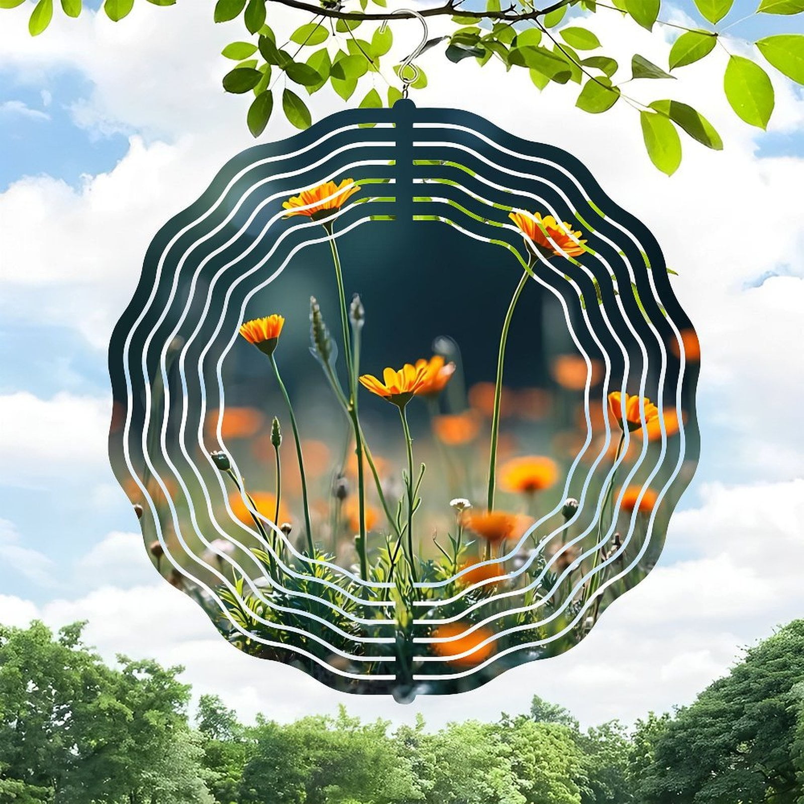 3D Metal Hanging Wind Chimes & Spinners - Vibrant Orange Flower Design ...