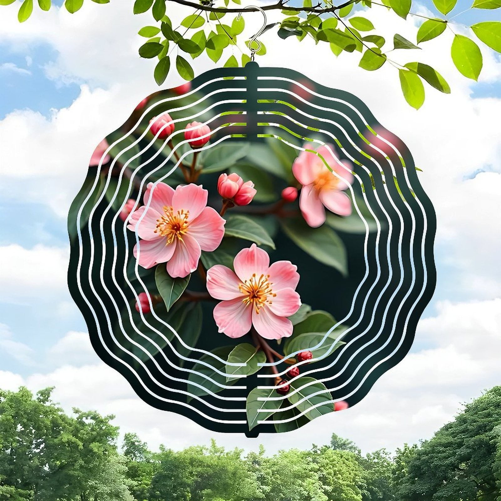 3D Metal Hanging Wind Chimes - Spiral Design with Vibrant Pink Flowers ...