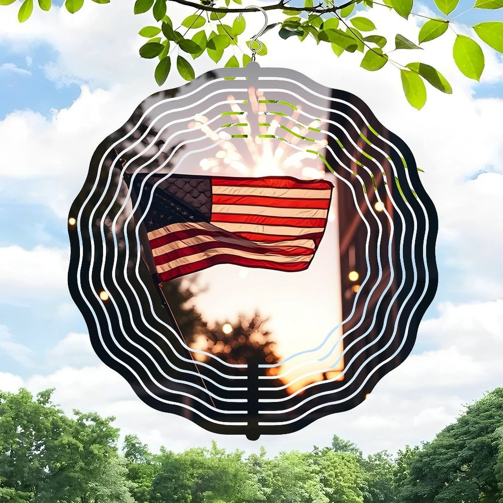 3D Metal Hanging Wind Spinner - American Flag Design with Concentric ...