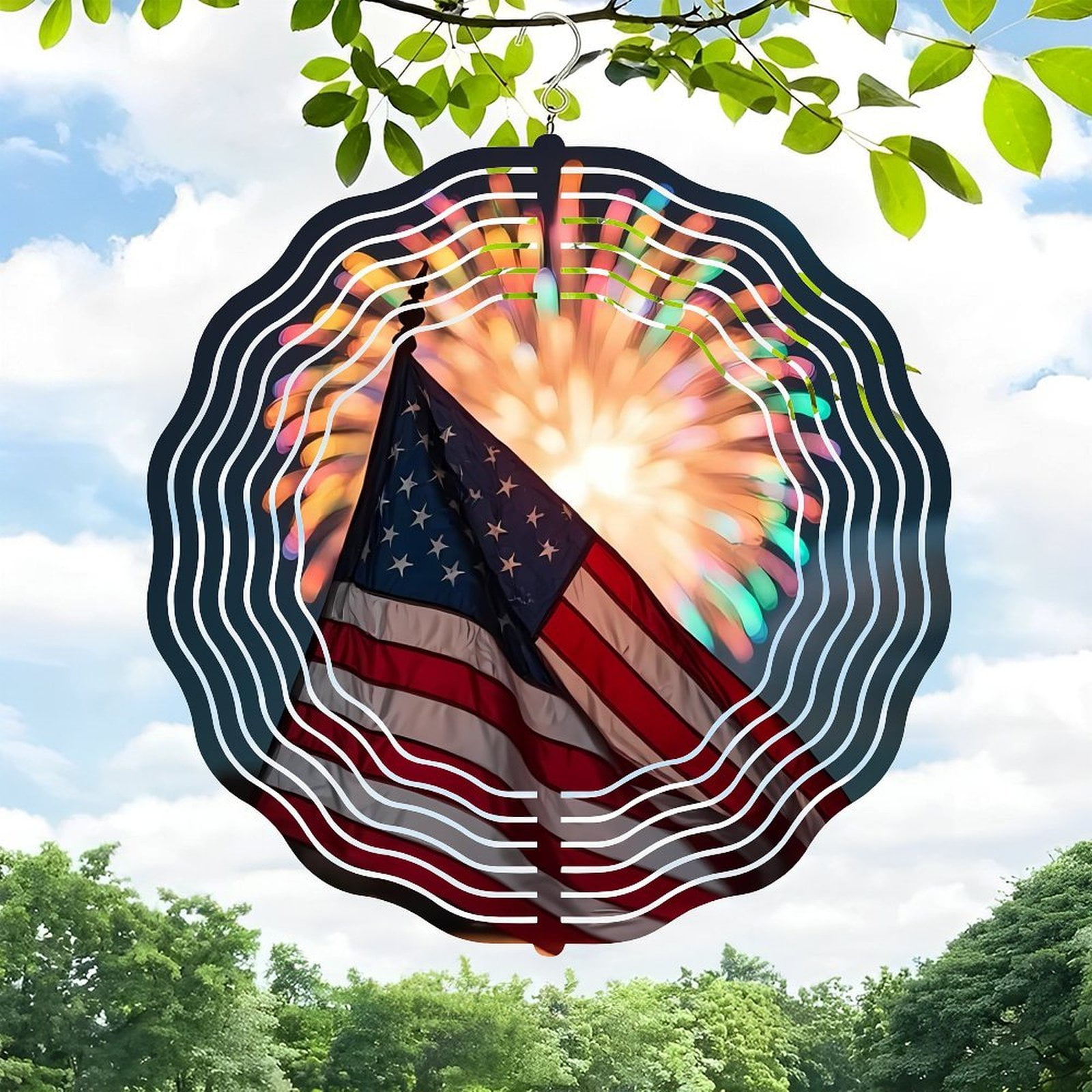 3D Metal Hanging Wind Spinner - American Flag Design with Fireworks ...