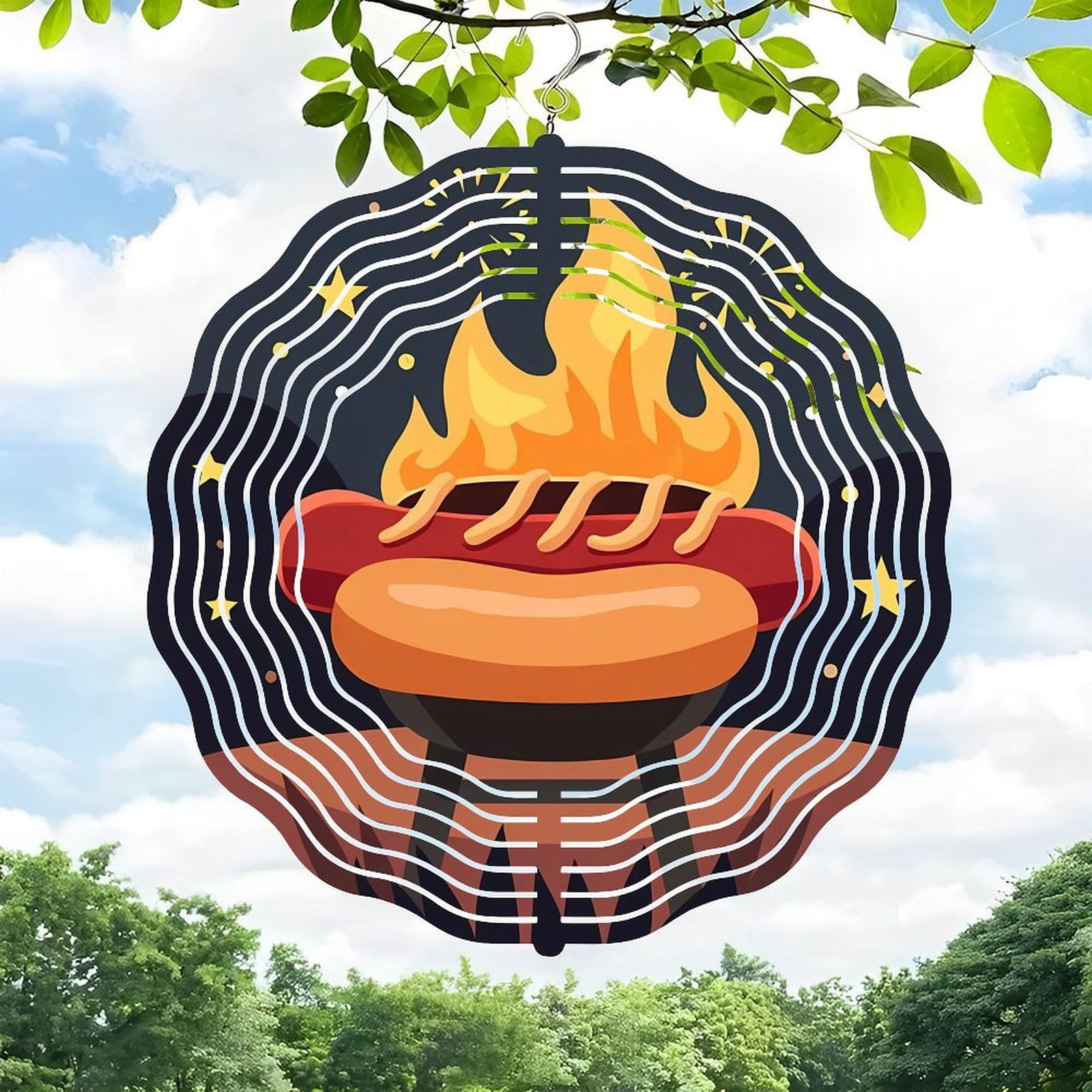 3D Metal Hanging Wind Spinner - BBQ Design with Hotdog & Flames ...