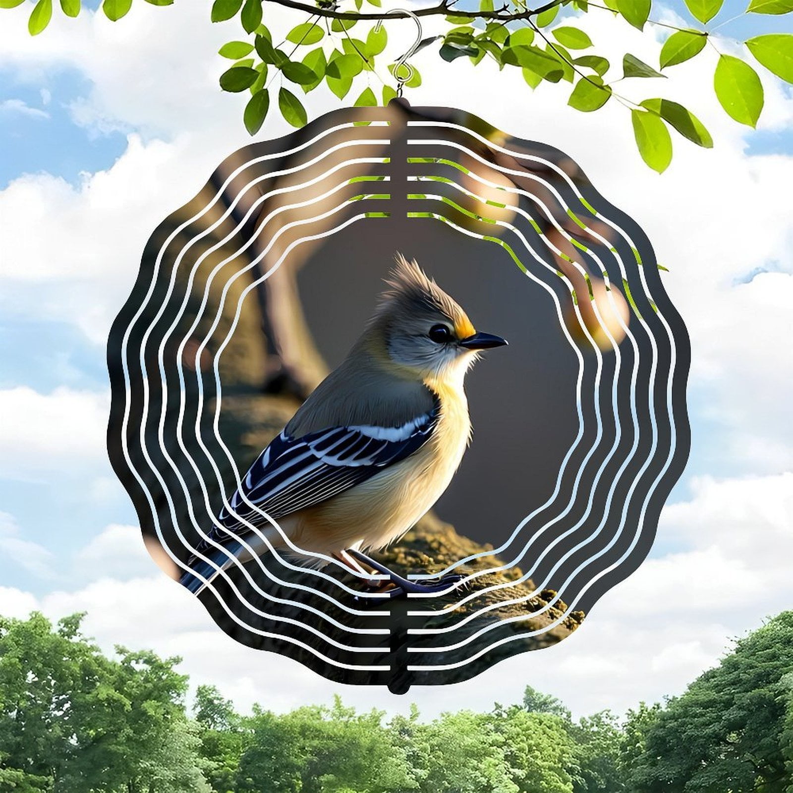 3D Metal Hanging Wind Spinner - Bird on Branch Design with Sound Wave ...