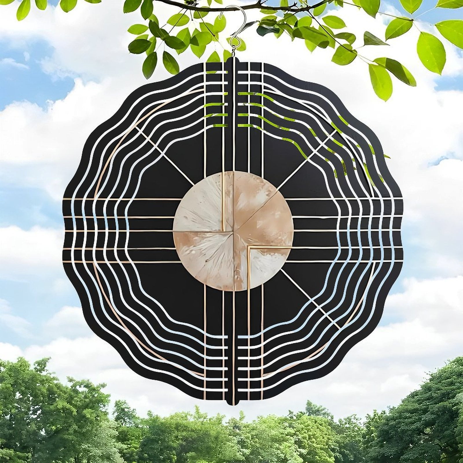 3D Metal Hanging Wind Spinner - Circular Black & White Wave Design with ...