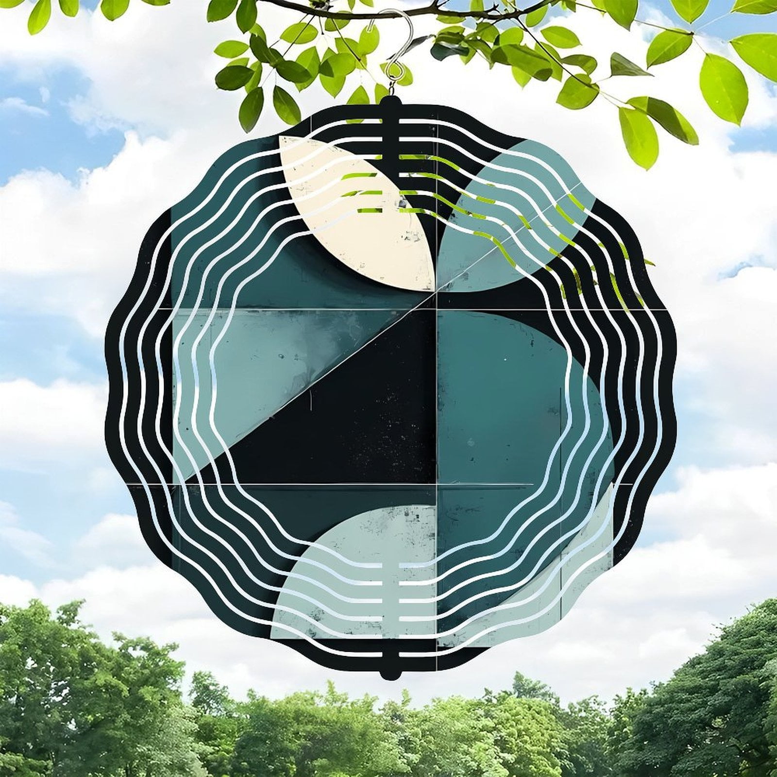 3D Metal Hanging Wind Spinner - Circular Wave Pattern with Light Blue ...