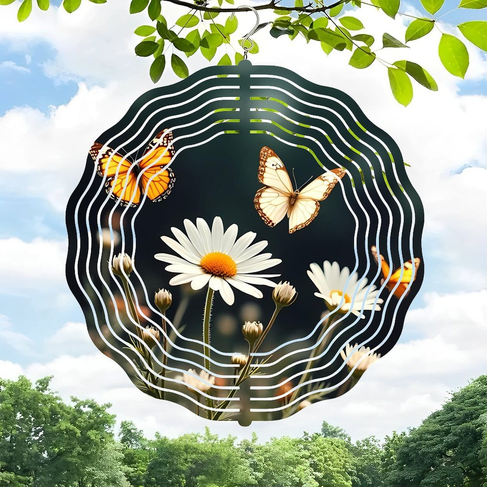3D Metal Hanging Wind Spinner - Concentric Fan Pattern with Floral ...