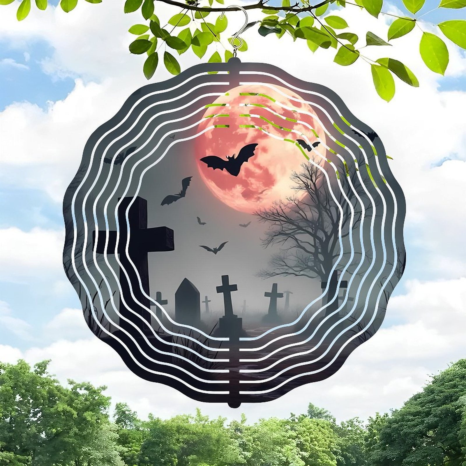 3D Metal Hanging Wind Spinner - Concentric Ring Design with Cemetery ...