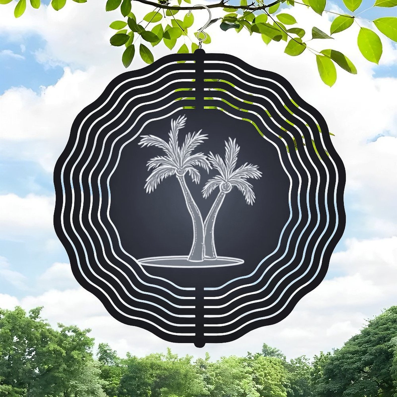 3D Metal Hanging Wind Spinner with Concentric Wave Patterns & Palm ...