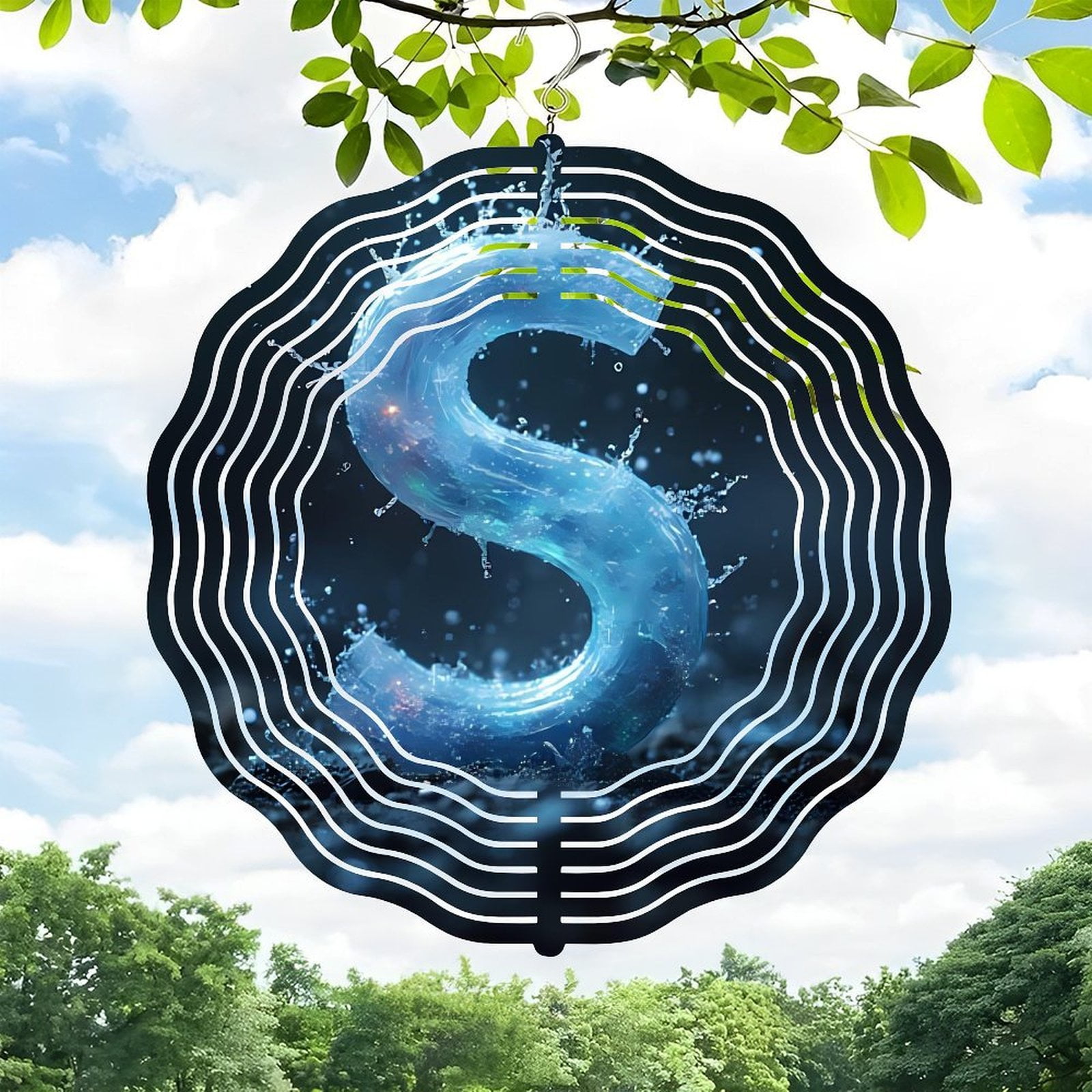 3D Metal Hanging Wind Spinner - Concentric Wavy Lines Design with Fluid ...