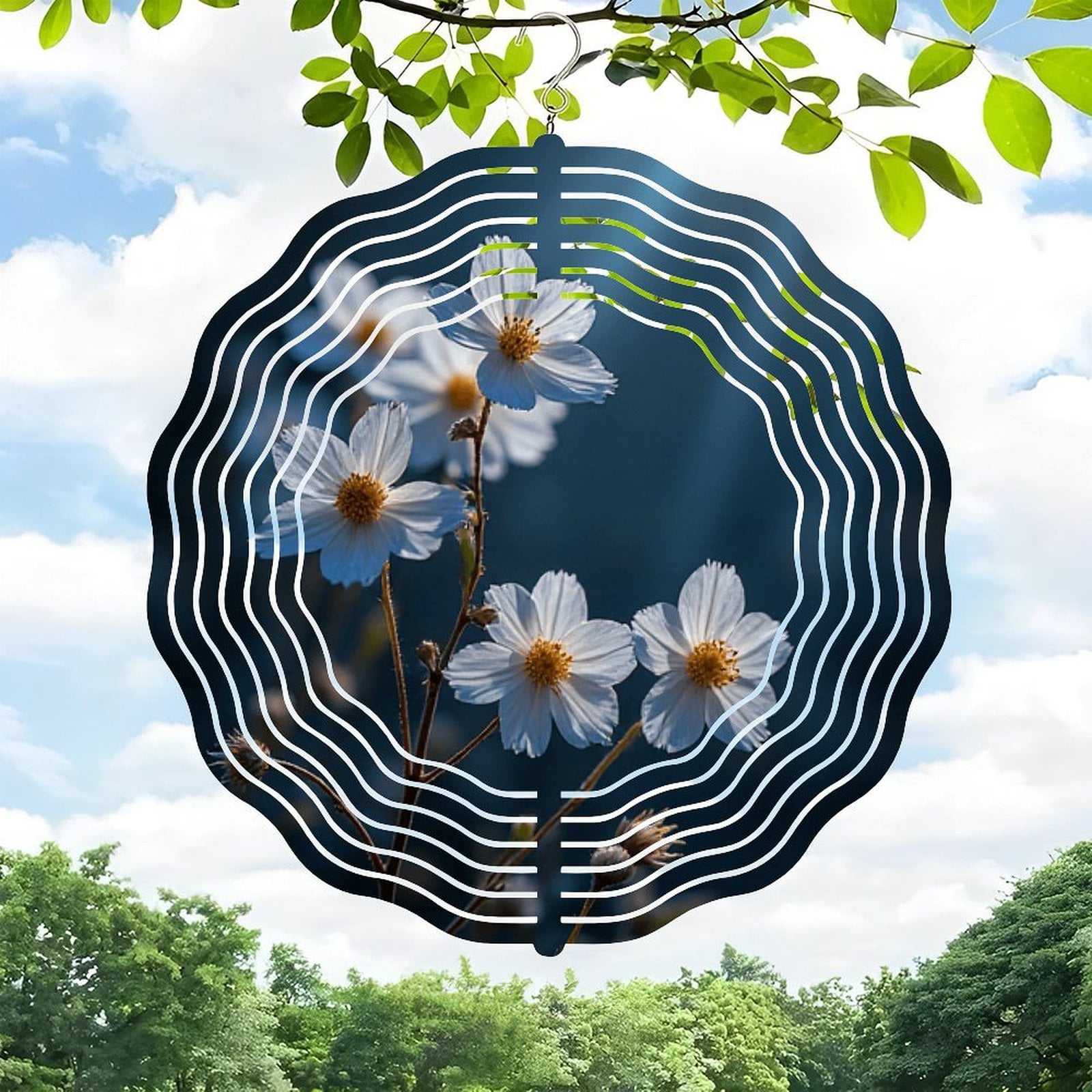 3D Metal Hanging Wind Spinner - Concentric Wavy Lines with Floral ...