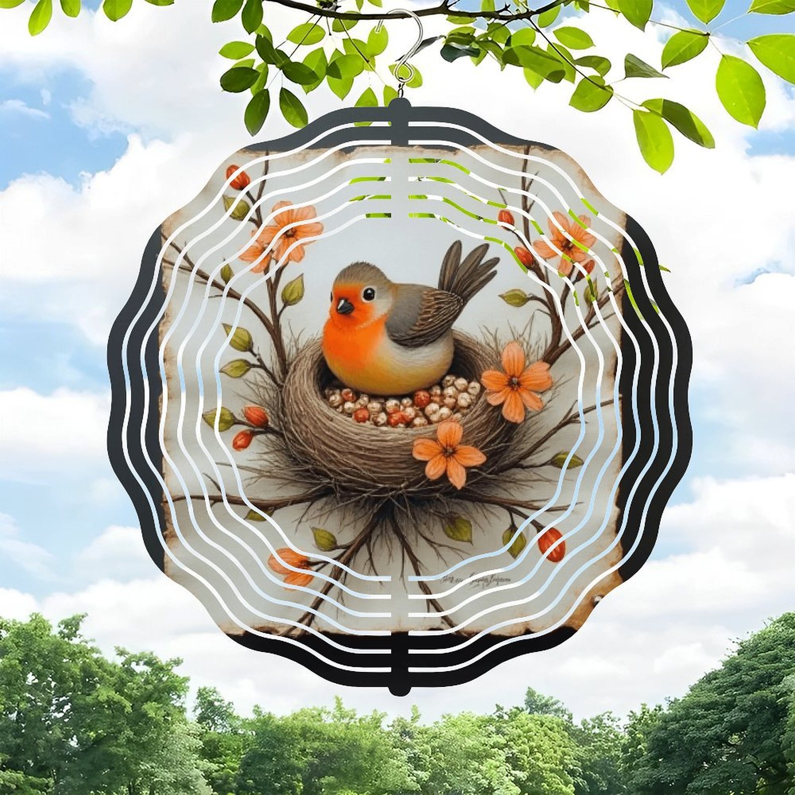 3D Metal Hanging Wind Spinner - Decorative Bird Nest with Flowers in ...